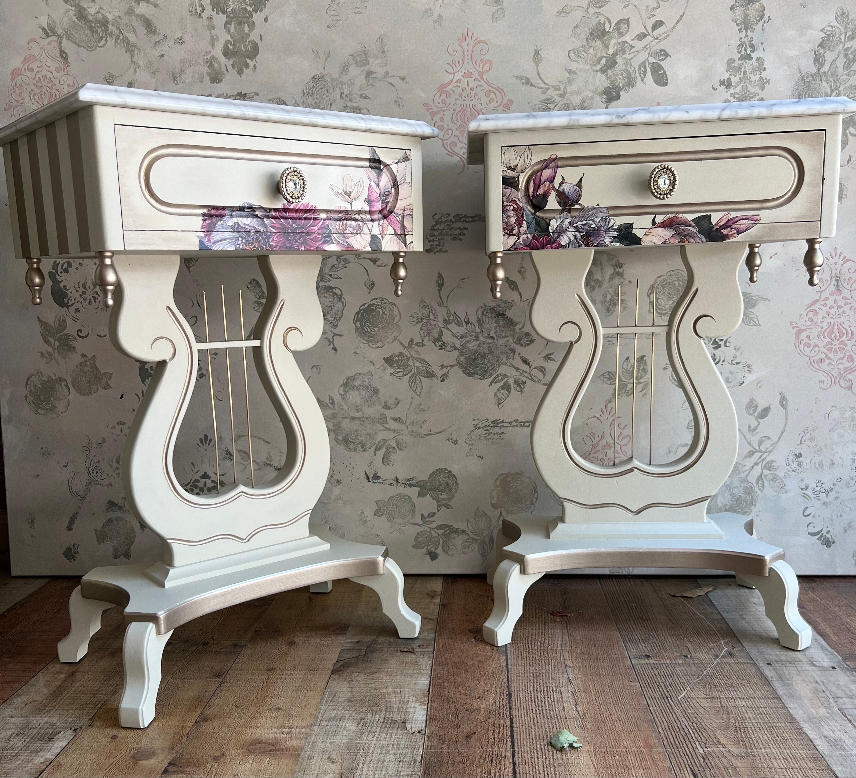 Vintage Cream Floral Painted Harp Tables White Marble Tops Victorian ...