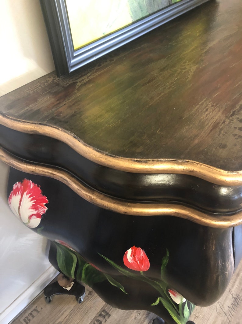 Bombe Chest Black Bombe Chest Painted Furniture Red Tulip Floral Bombe ...