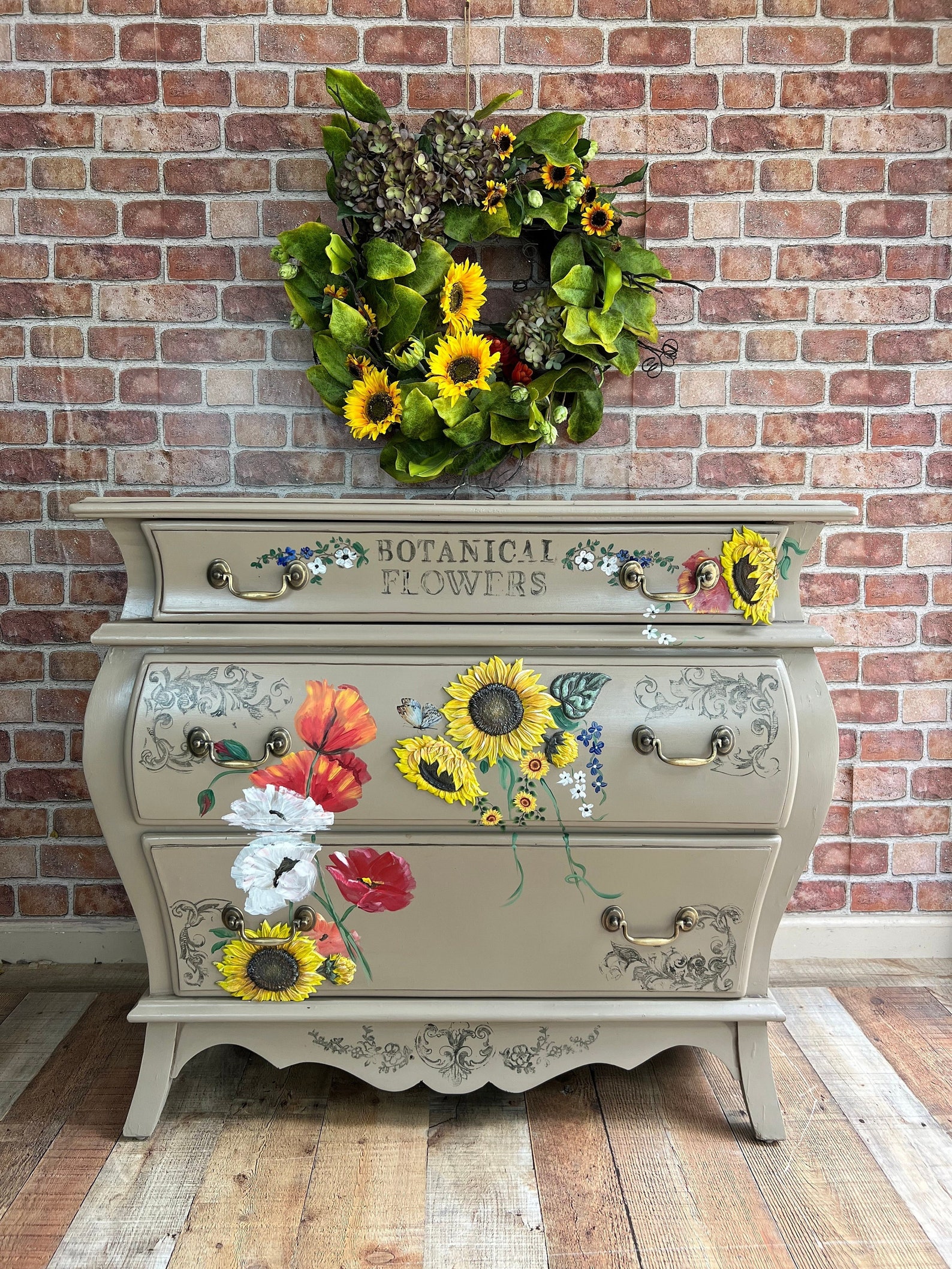 Bombe' Chest Sunflower and Poppy Painted Bombe' Chest Colorful Floral ...