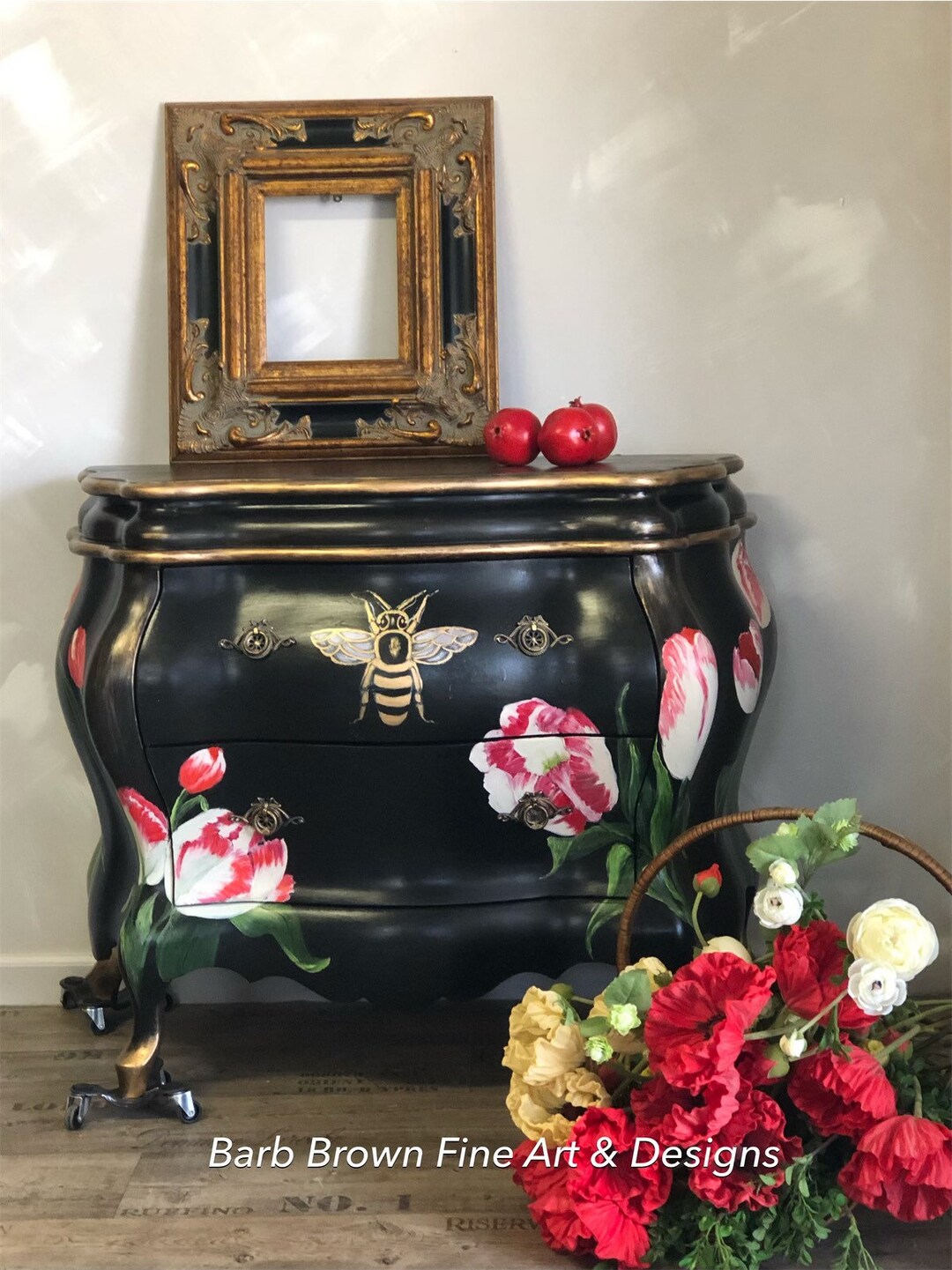 Bombe Chest Black Bombe Chest Painted Furniture Red Tulip Floral Bombe ...
