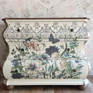 Custom Order Option | Elegant Cream Blue Floral Painted Bombe Chest ...