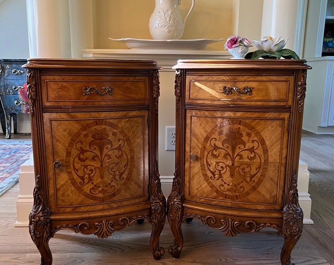French Early 1900s Hand Carved Inlay Side End Tables a Pair 3664 ...