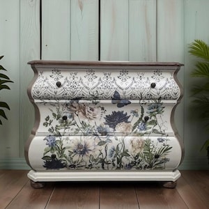Custom Order Option | Elegant Cream Blue Floral Painted Bombe Chest ...