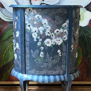 Hand-painted Metallic Blue Accent Table | Floral, 3D Birds - Etsy
