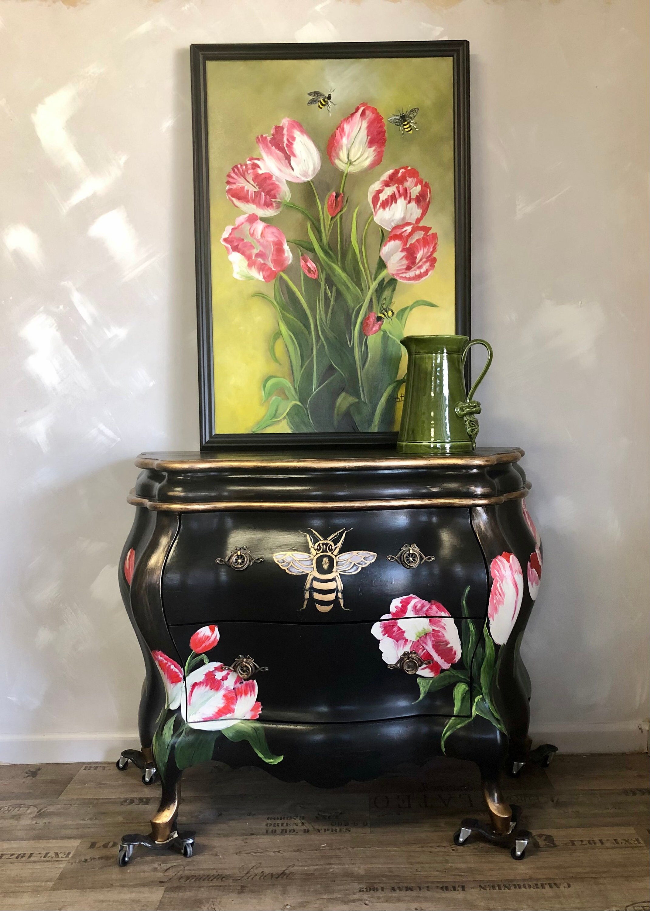Bombe Chest Black Bombe Chest Painted Furniture Red Tulip Floral Bombe ...