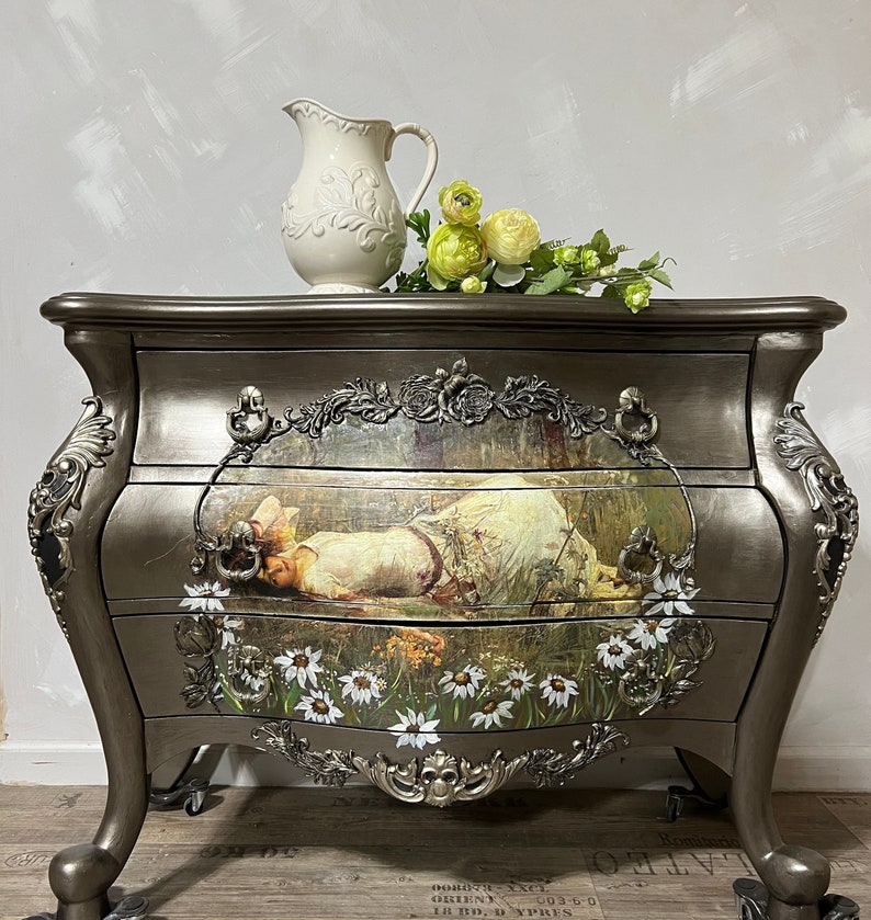 Vintage Metallic Gray Bombe Chest | Decoupage Lady, Floral Bedroom ...