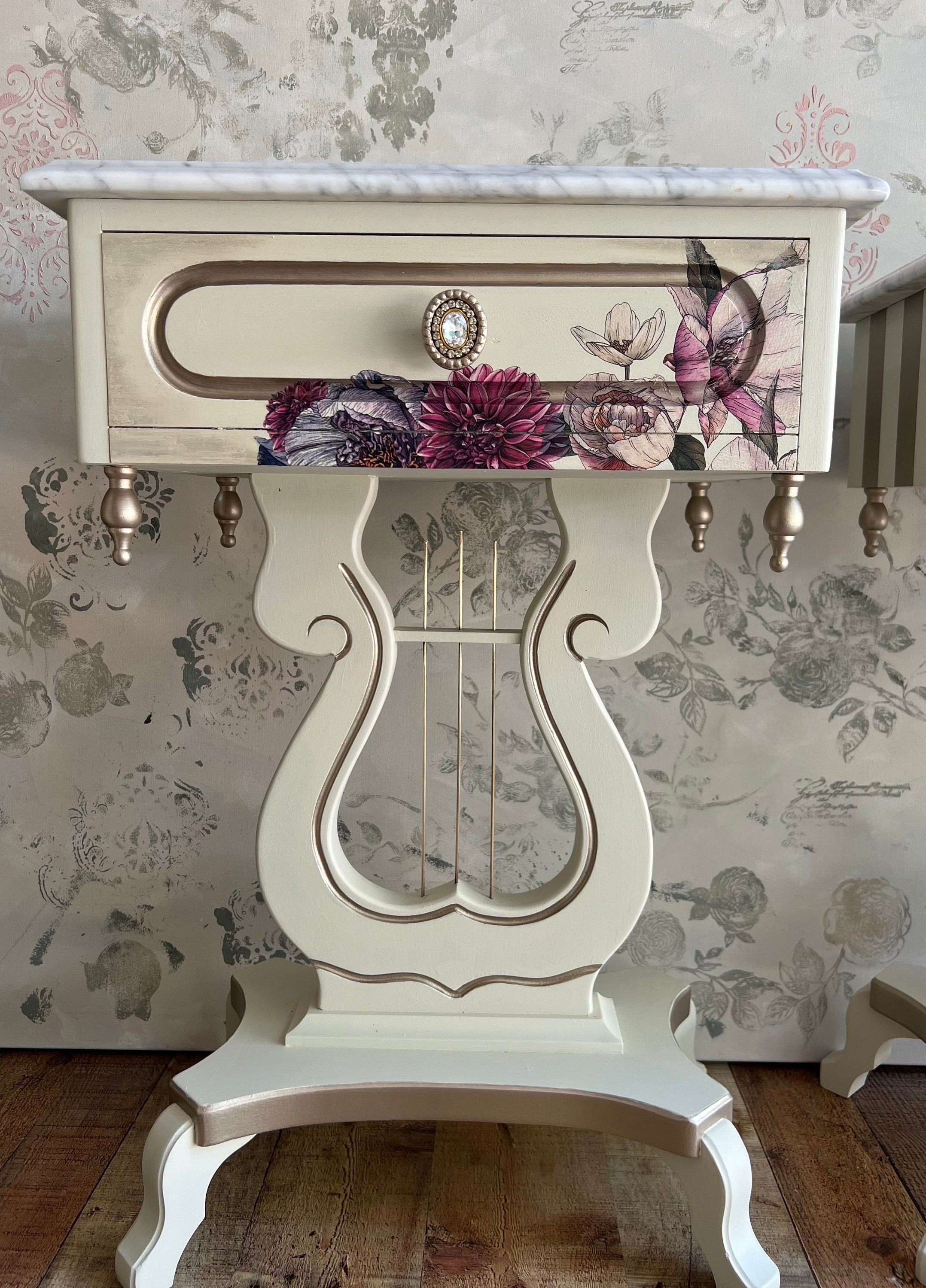 Vintage Cream Floral Painted Harp Tables White Marble Tops Victorian ...
