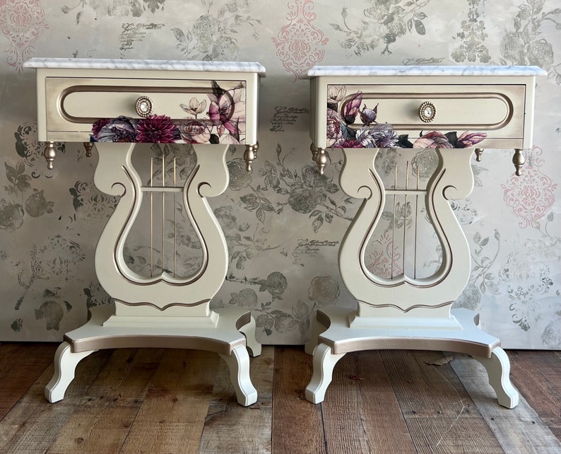Vintage Cream Floral Painted Harp Tables White Marble Tops Victorian ...