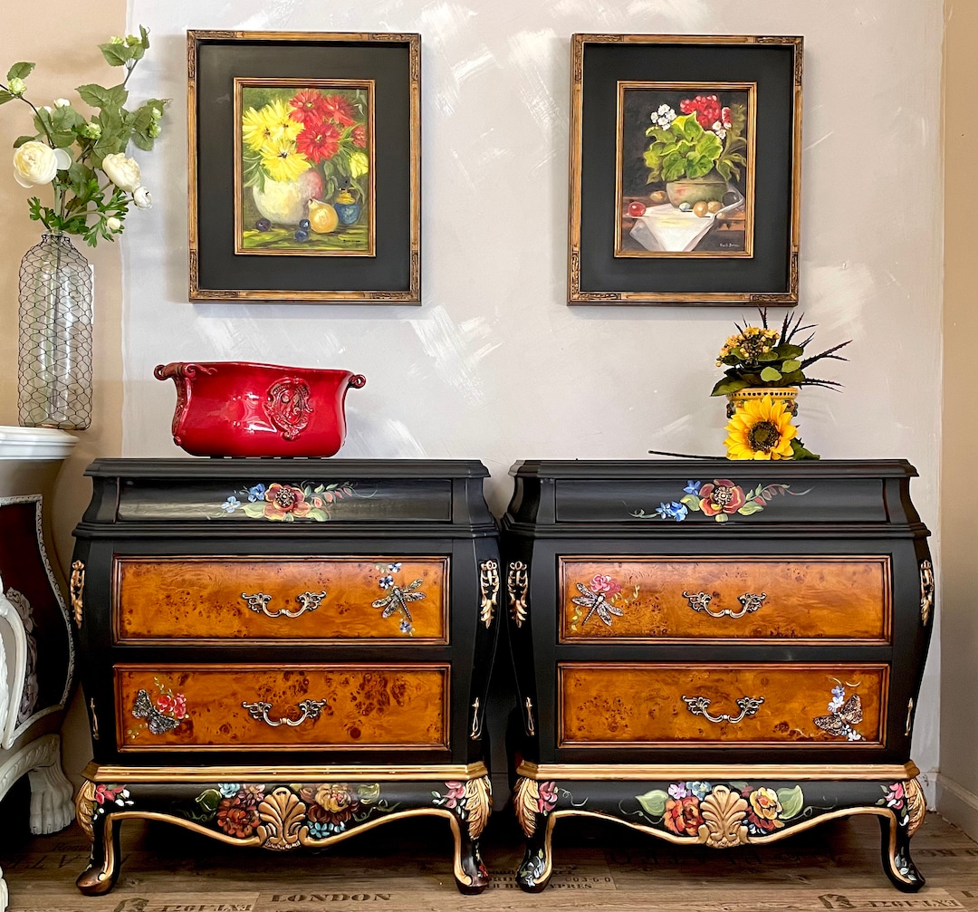 Customization Option | Black Floral Bombe Chest | Side Tables | Sold Do ...