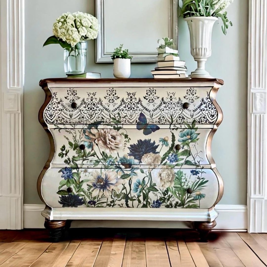 Custom Order Option | Elegant Cream Blue Floral Painted Bombe Chest ...