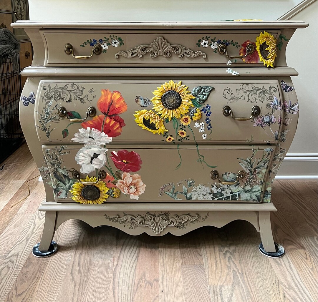 Bombe' Chest Sunflower and Poppy Painted Bombe' Chest Colorful Floral ...