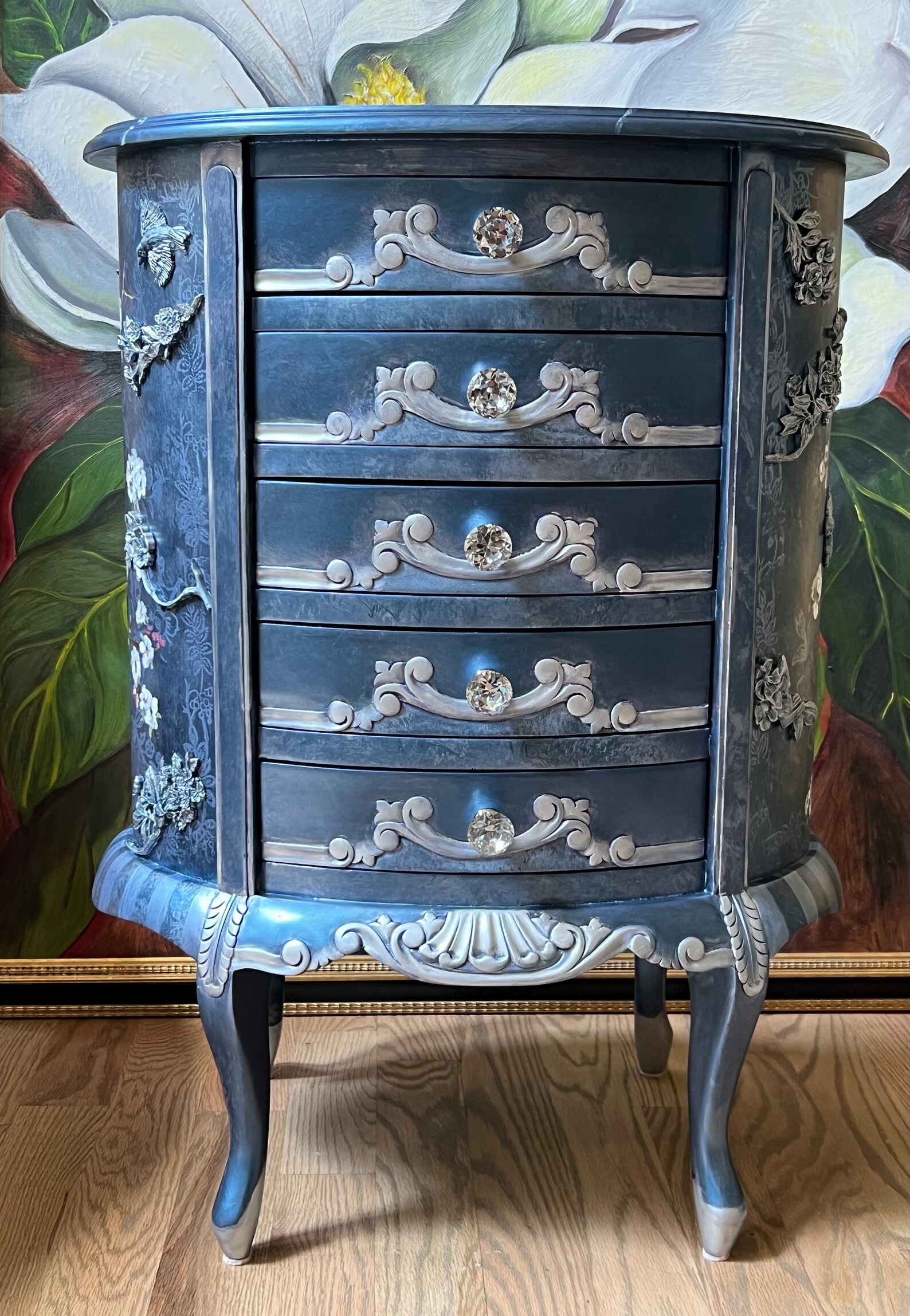 Hand-painted Metallic Blue Accent Table | Floral, 3D Birds - Etsy