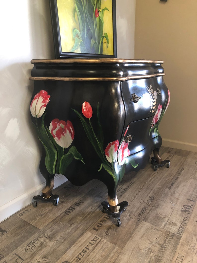 Bombe Chest Black Bombe Chest Painted Furniture Red Tulip Floral Bombe ...