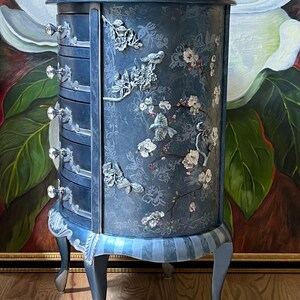 Hand-painted Metallic Blue Accent Table | Floral, 3D Birds - Etsy