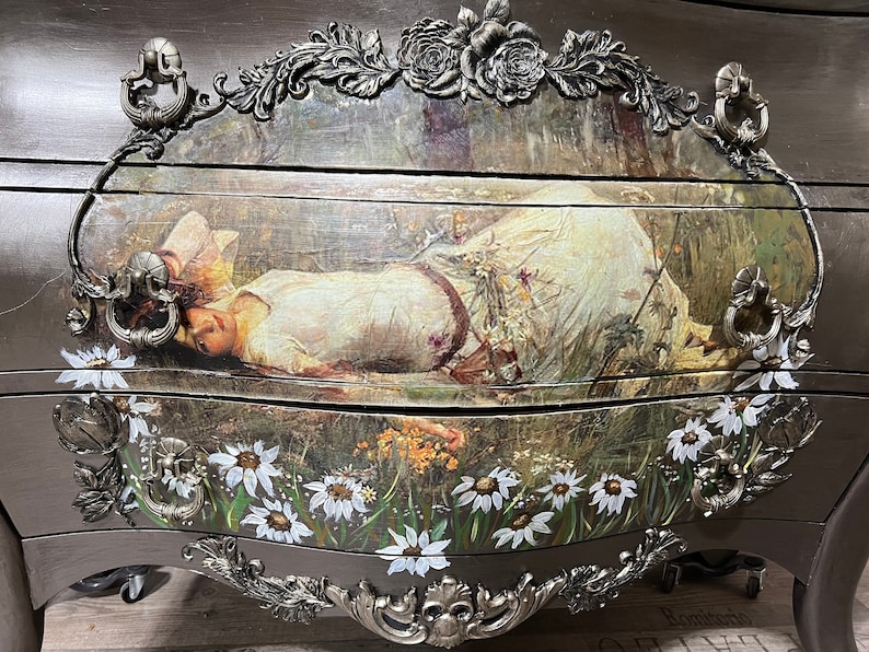 Vintage Metallic Gray Bombe Chest | Decoupage Lady, Floral Bedroom ...