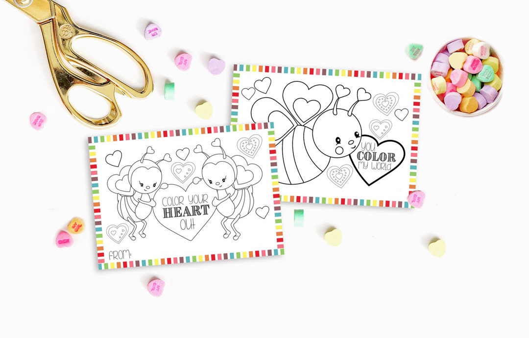 PRINTABLE Color Your Heart Out Color-able Valentine Cards Bumble Bees ...