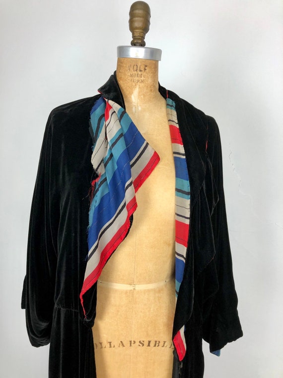 1920s Black Silk Velvet Striped SIlk Duster Coat S - Gem