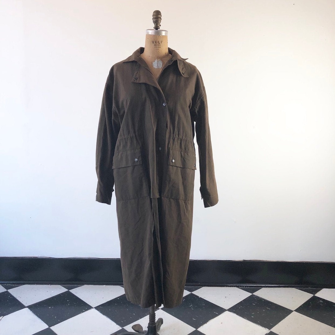 1990s Dark Green Waxed Canvas Duster Coat L - Etsy