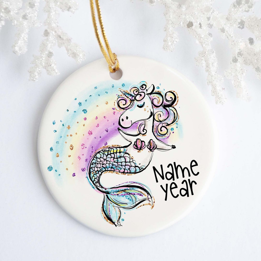 Mermaid Unicorn Personalized Ornament Rainbow Ceramic Porcelain Holiday ...