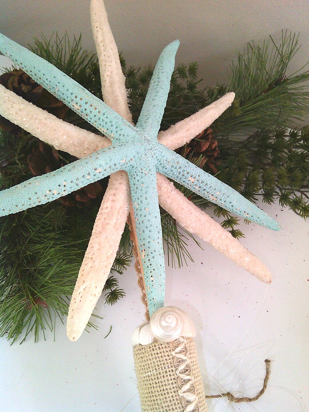 Coastal Christmas Star Fish Tree Topper_light Teal and White Starfish ...