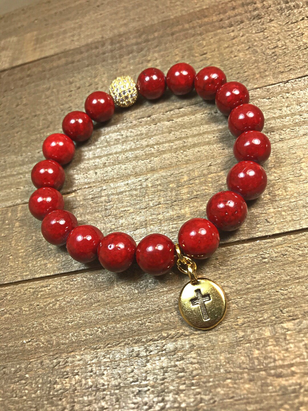 Red Cross Bracelet, Gemstone Bracelet, Beaded Bracelet, Stretch ...