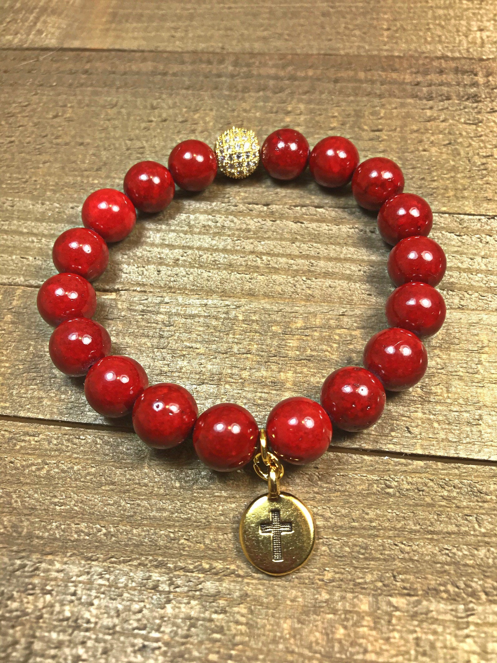 Red Cross Bracelet, Gemstone Bracelet, Beaded Bracelet, Stretch ...