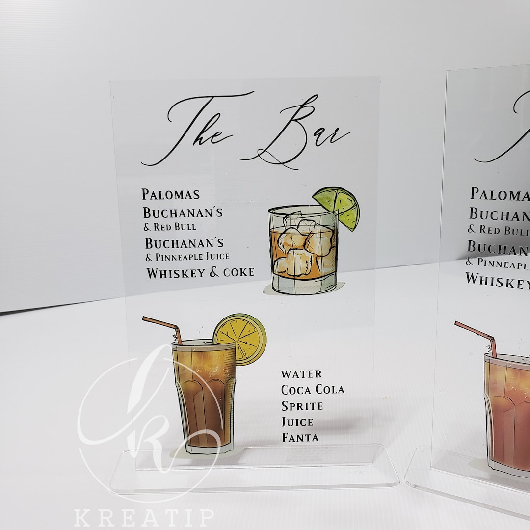 Bar Menu Signature Cocktails Custom Clear Glass Look Acrylic Wedding ...