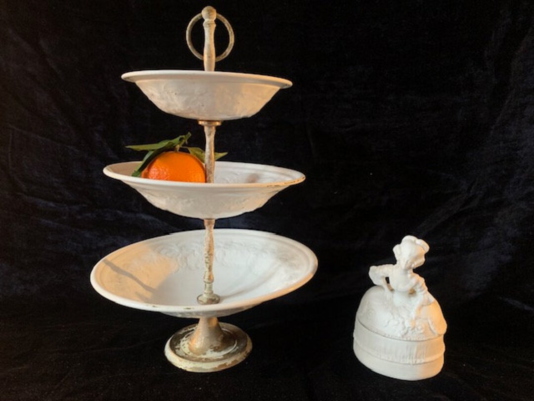 Tiered Presentation Dish/server in White Enameled Sheet Metal, Embossed ...