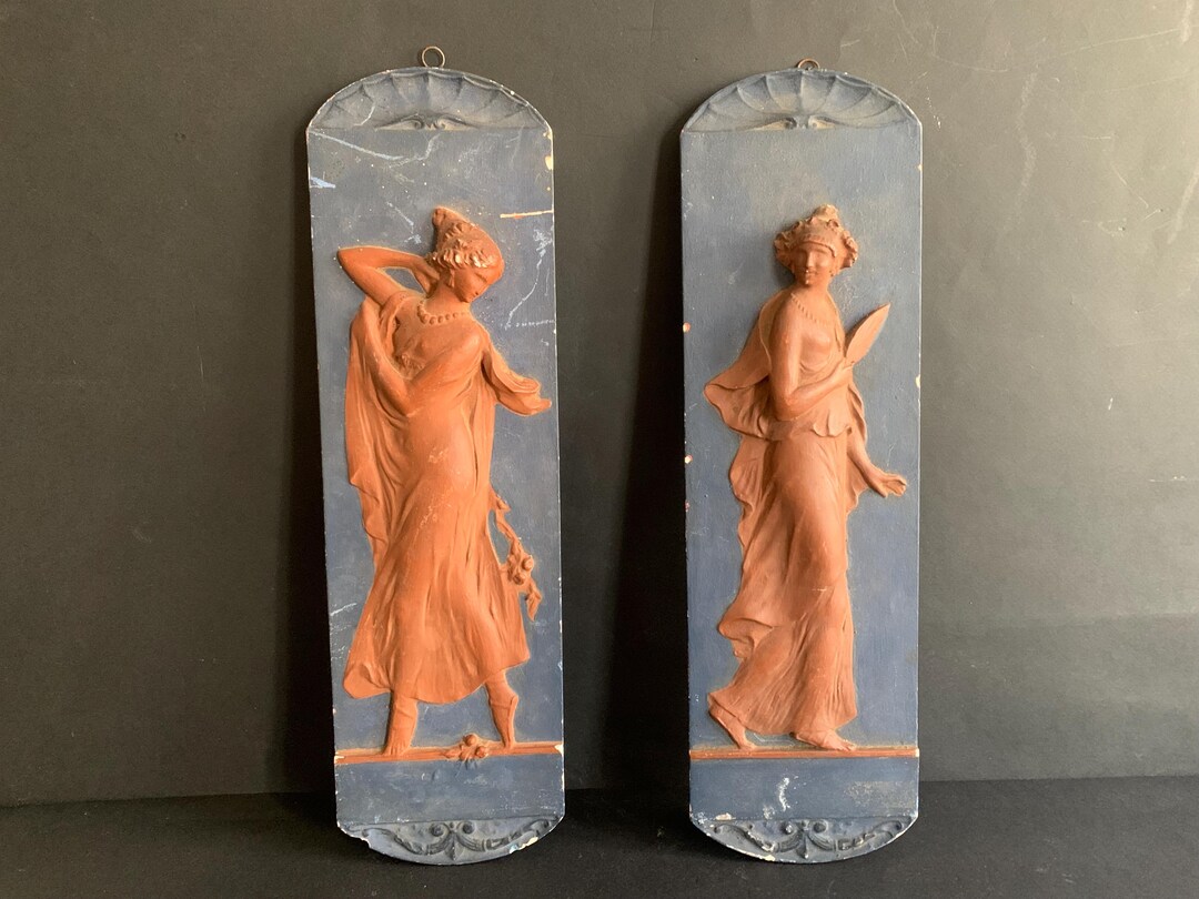 Painted Plaster Bas-reliefs – Nymphs, Empire Style, 19th Century Wall ...