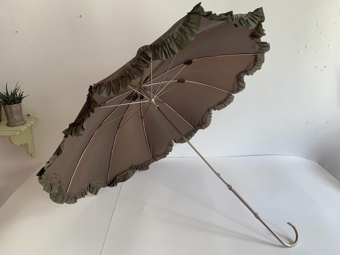 Khaki Frilly Umbrella With Silver Metal Handle, 1900 Parasol - Etsy
