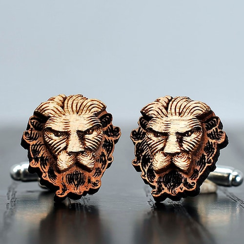 Lion Cufflinks Engraved Wood Cufflinks Wooden Cufflinks - Etsy