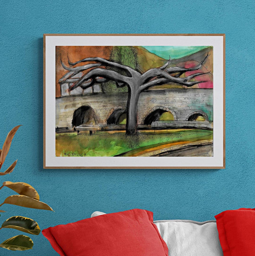 Old Bridge Art Print, Tree Hand Made Painting, Colorful Winter Decor ...