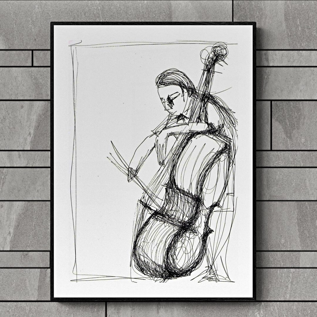 Double Bass Player Art Print, Musician Line Art Illustration, Man ...