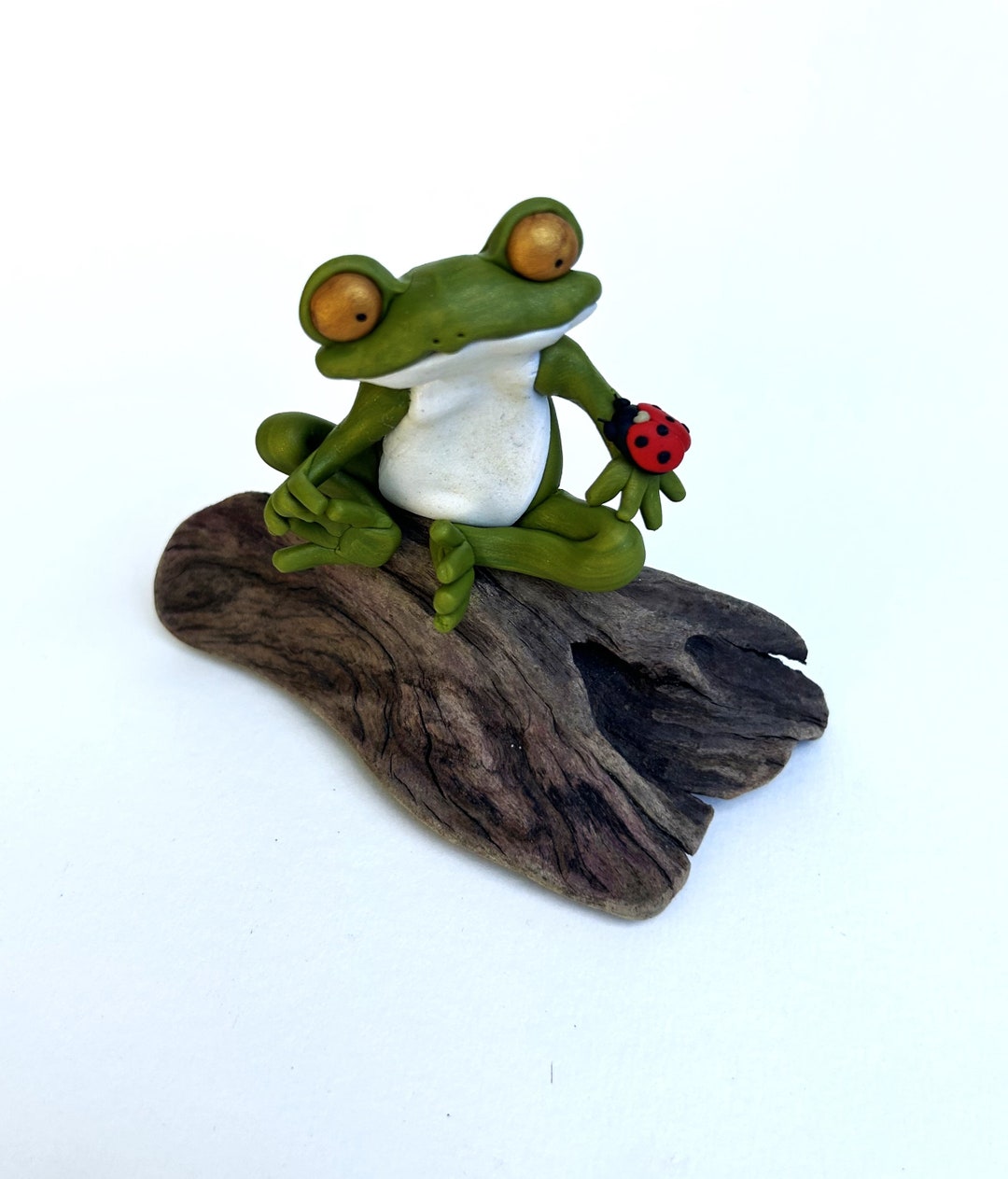 Clay Frog With a Ladybug on Driftwood Sitting Sculpture - Etsy