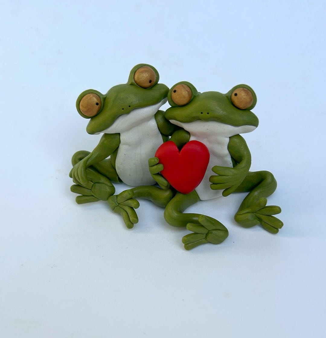 Two Clay Frogs With a Red Heart Sitting Sculpture Figurine - Etsy