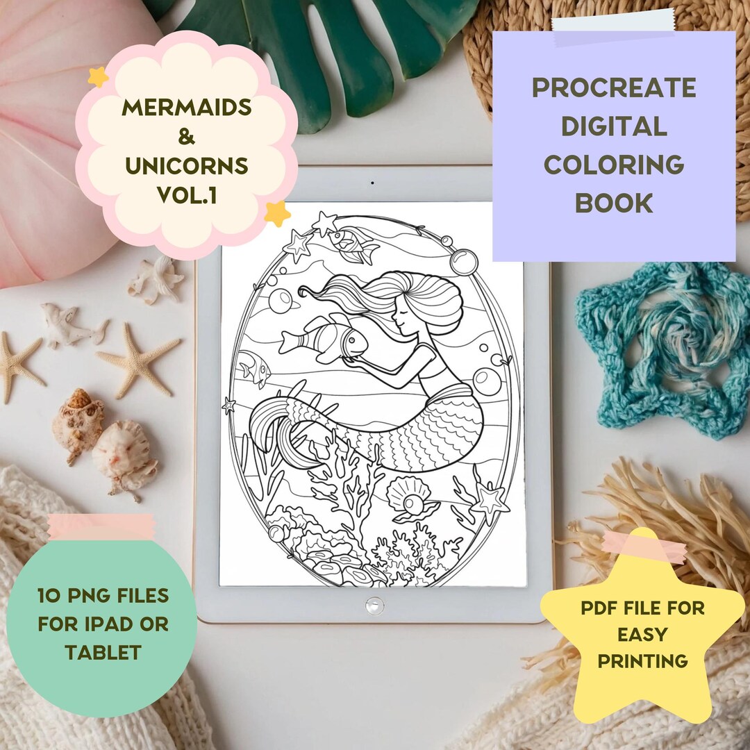 Mermaids & Unicorns Digital Coloring Book Part 1, PROCREATE Coloring ...