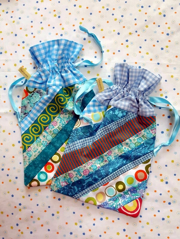 Blue Flowery Drawstring Bag, Patchwork, Ribbons, Vintage Liberty & New ...