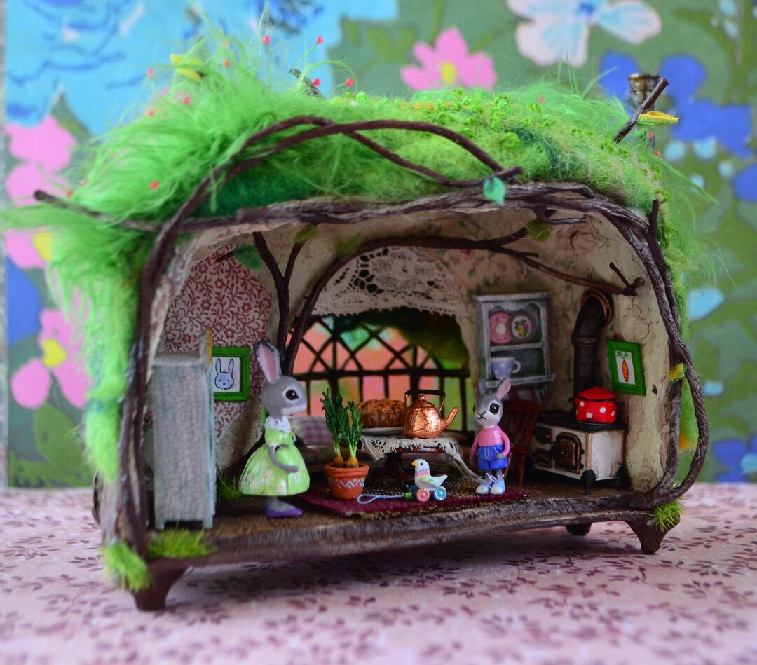 OOAK Rabbit House, Miniature Handmade Furnished Dollhouse, Unique ...