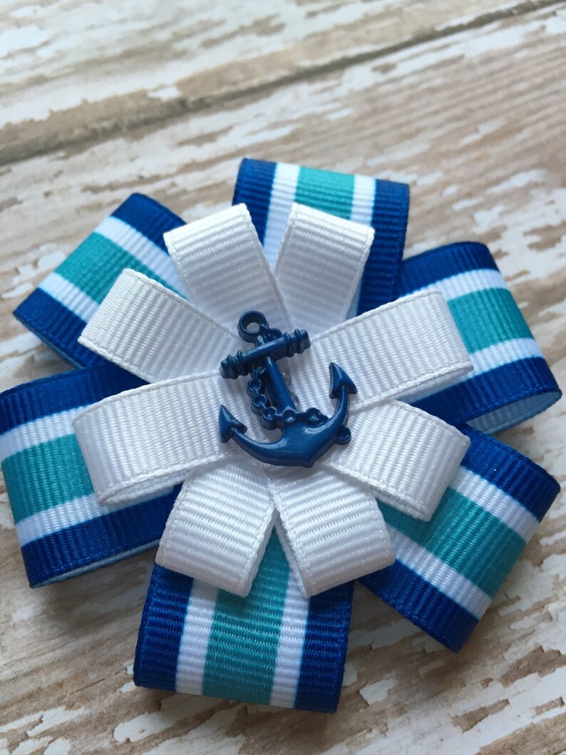 Nautical Striped Blue Hair Bow Anchor Hair Clip Nautical - Etsy