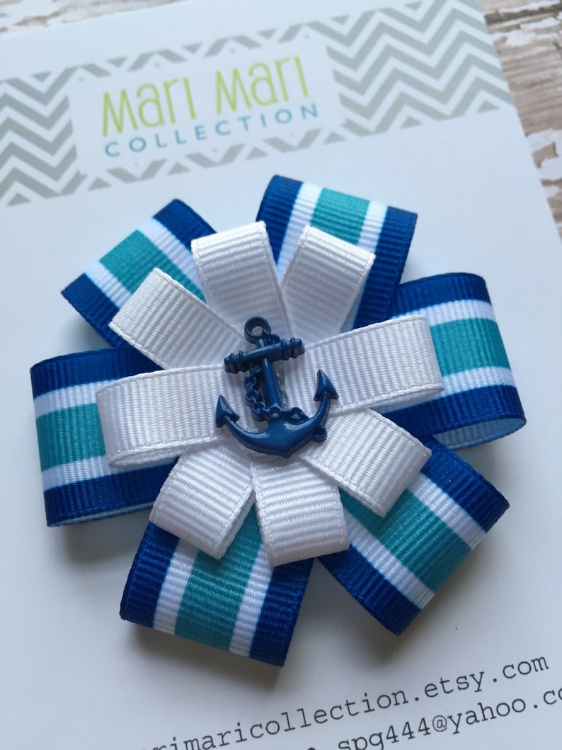 Nautical Striped Blue Hair Bow Anchor Hair Clip Nautical - Etsy