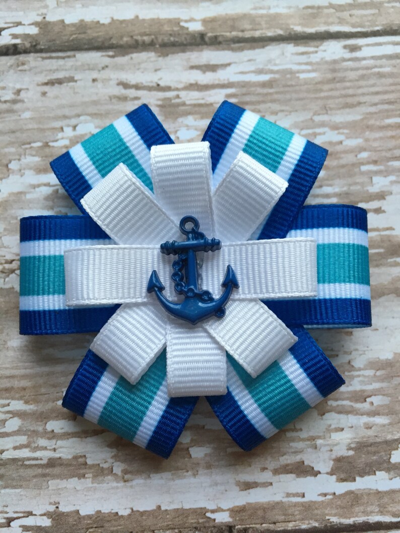 Nautical Striped Blue Hair Bow Anchor Hair Clip Nautical - Etsy