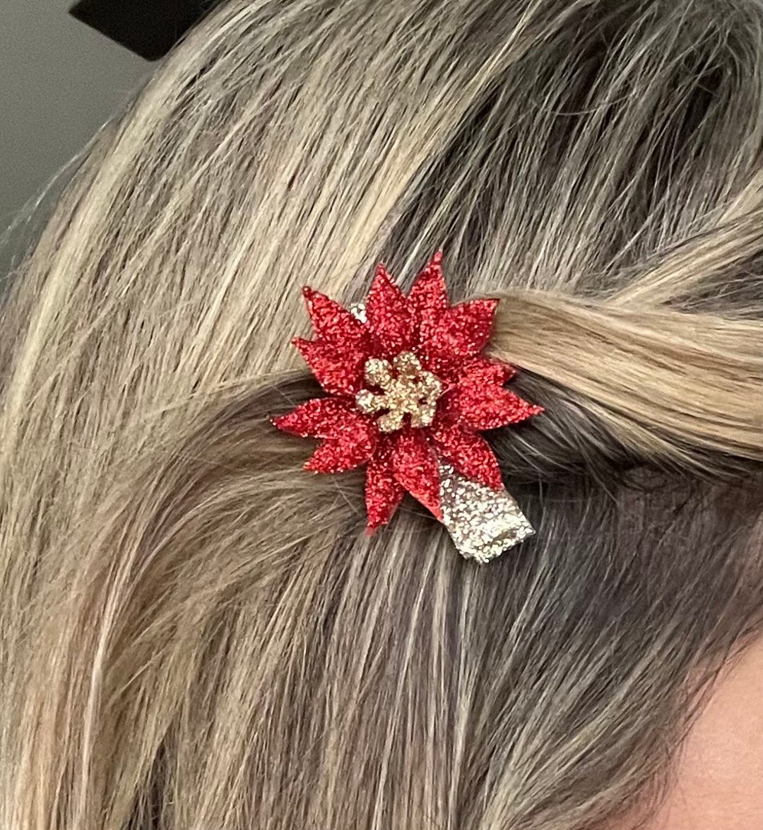 Sparkly Red Poinsettia Christmas Hair Clip: Glitter Holiday Bow - Etsy