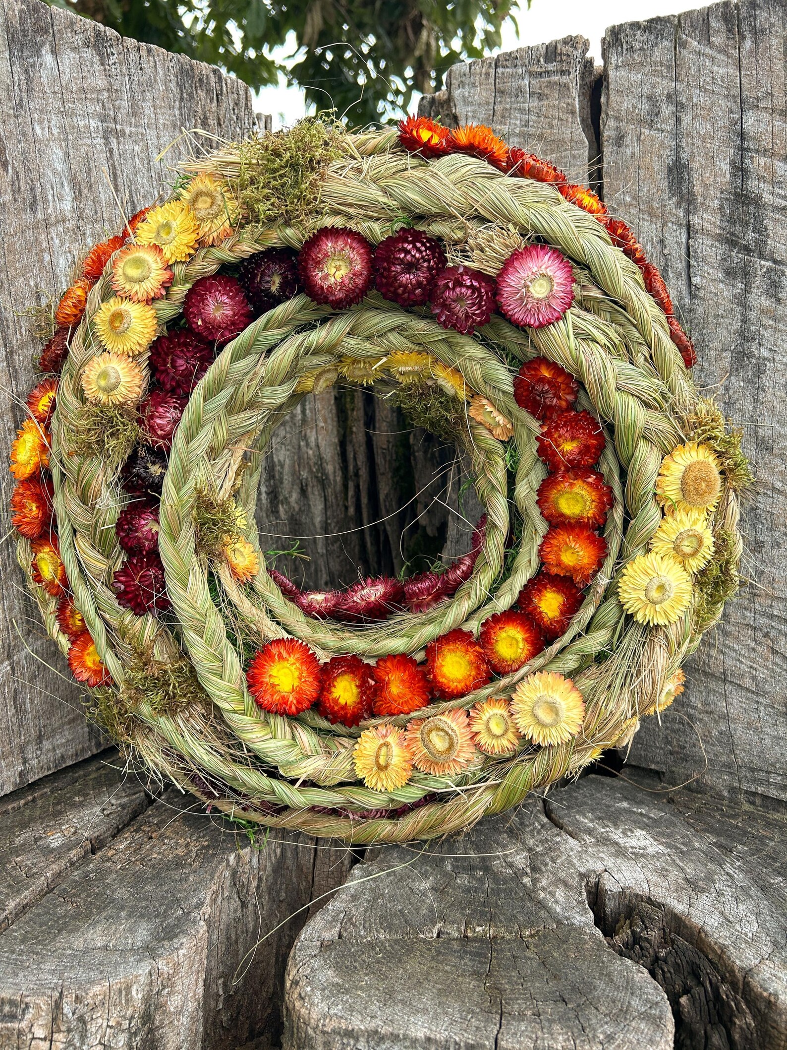 Spiral Weeping Love Grass Wreath With Strawflowers – 16-18" Handmade ...
