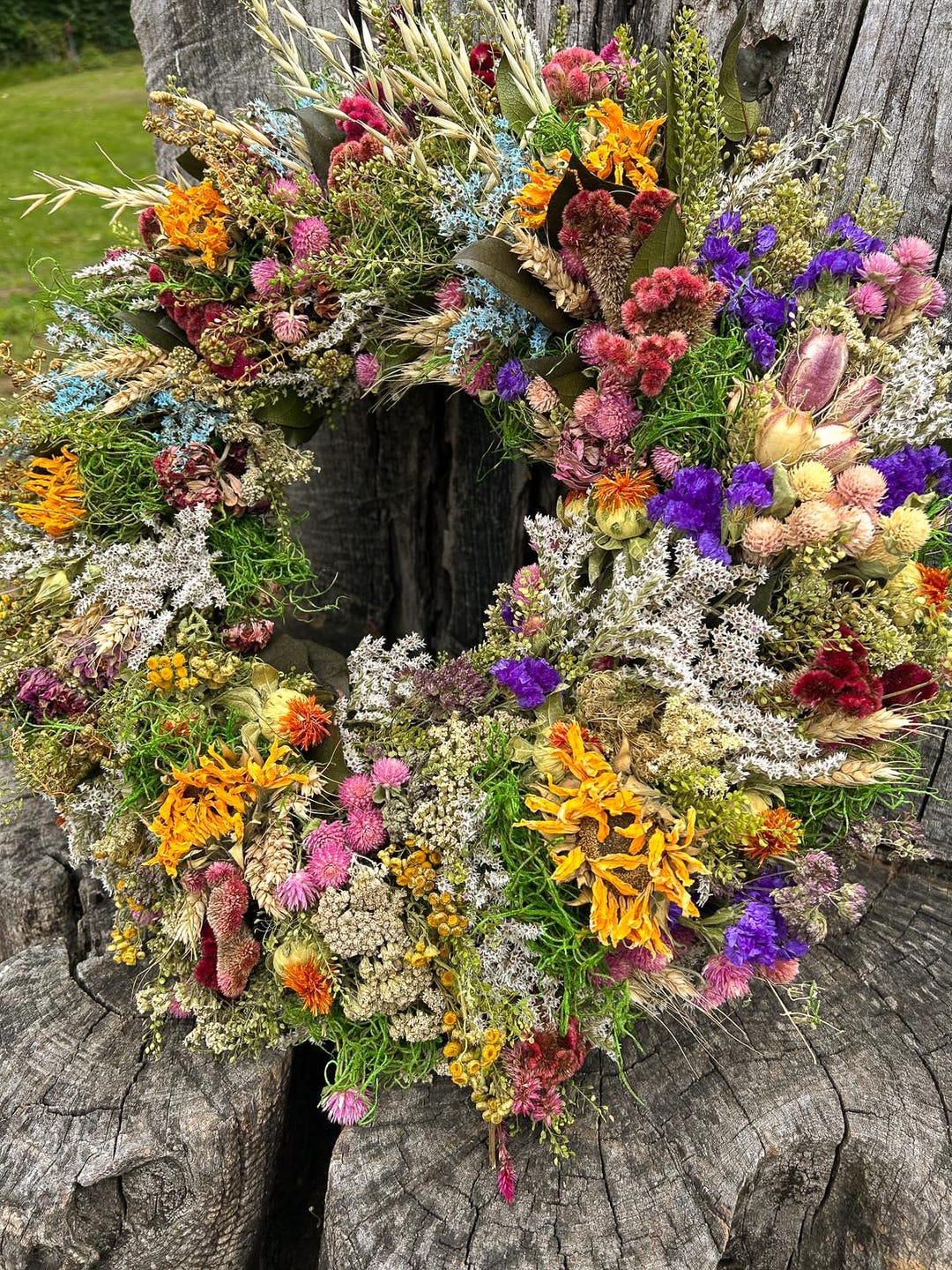 Sun-kissed Fields Wreath – Dried Sunflowers, Statice & Gomphrena - Etsy