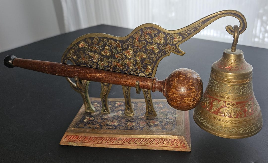 Vintage Asian Solid Brass Metal Art Dinner Gong Bell on Raised Elephant ...