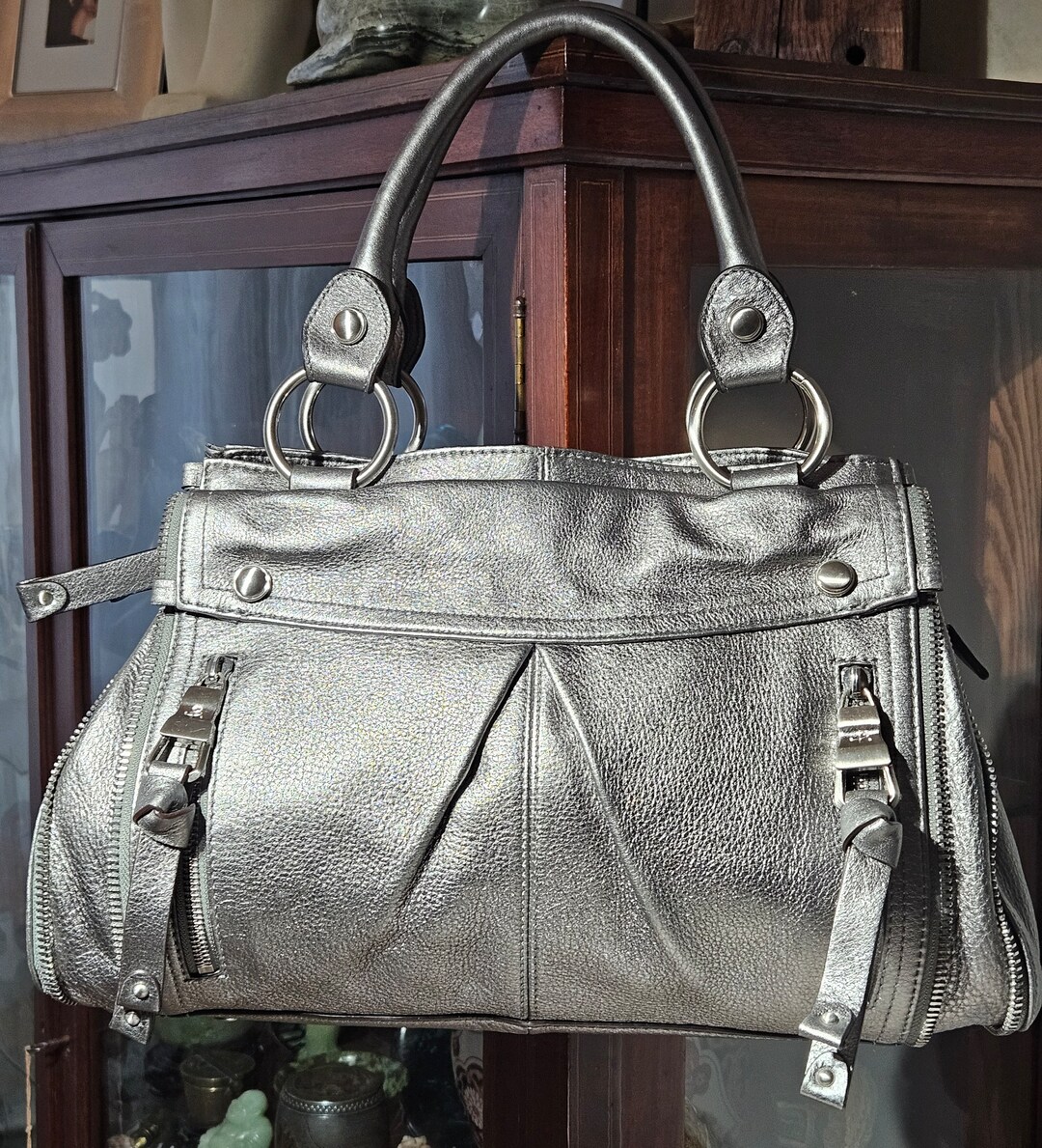 Vintage B.makowsky Metallic Silver Leather Top Handle Slouchy Satchel ...