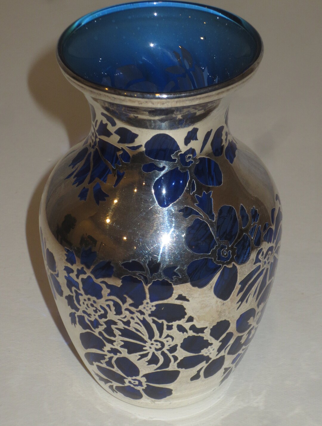 Vintage Cobalt Blue Art Glass Vase Signed Jaeger Sample Sterling With ...