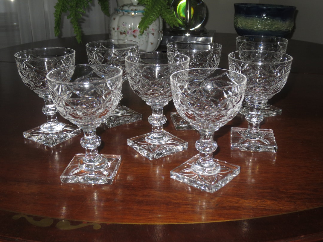 Vintage Set Of 8 Footed On Square Bases Crystal Wine Cordial Glasses
