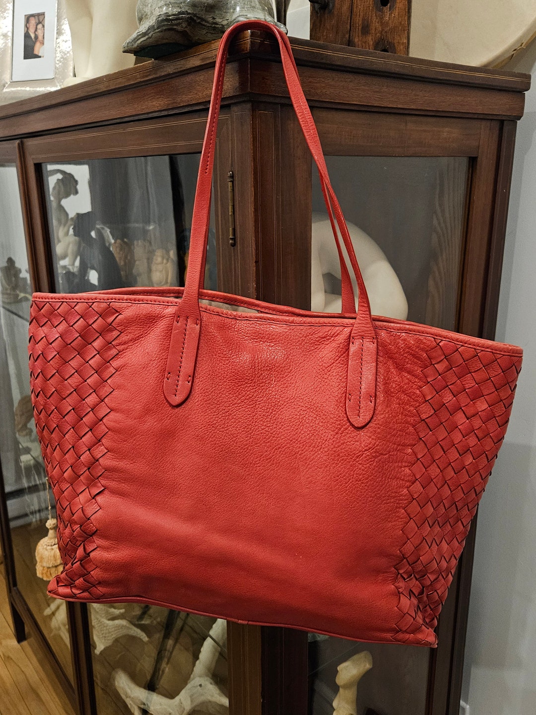Vintage Cole Hann Red Leather Tote Bag Shoulder Bag With Weaved Leather ...