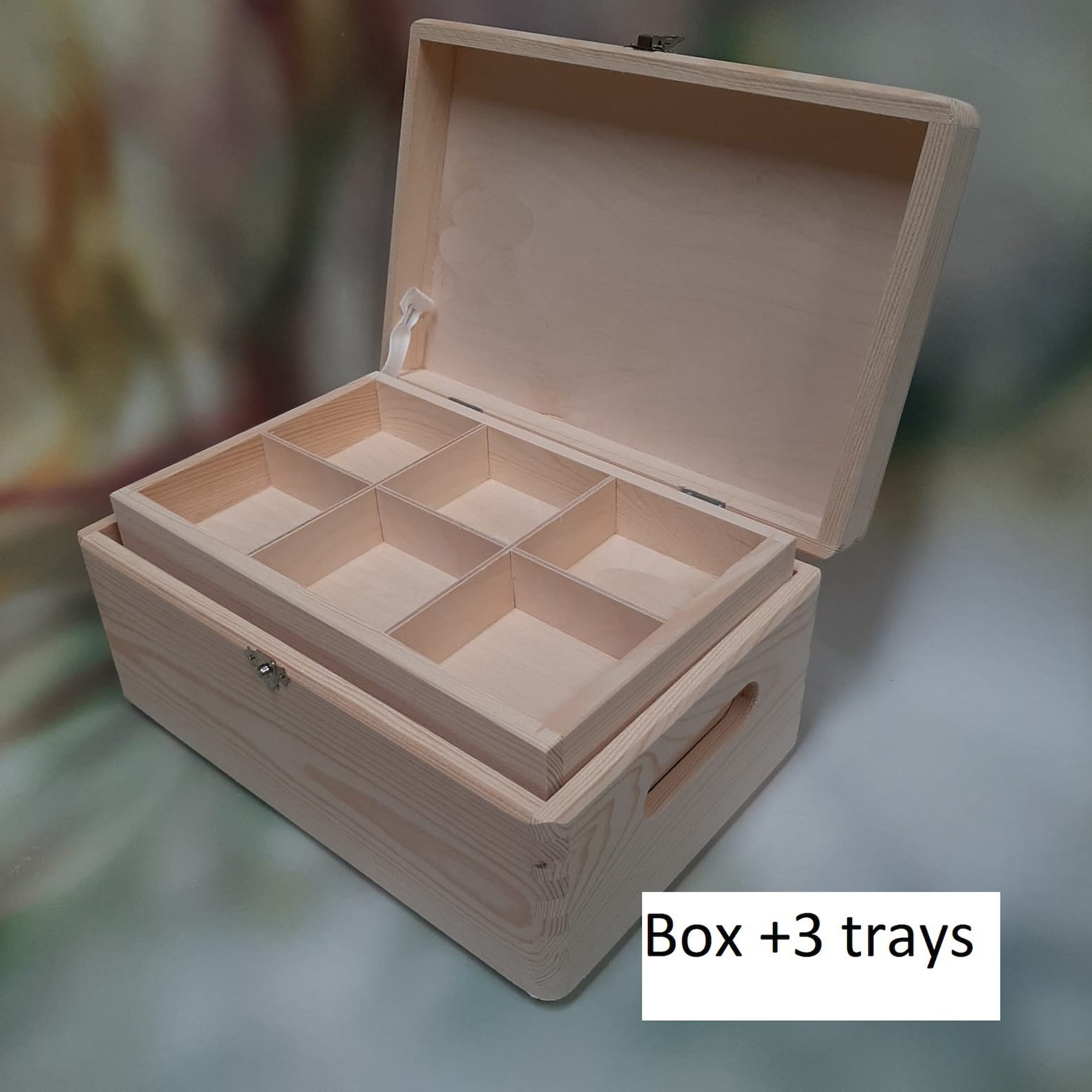 Wooden Storage Box With 6 Compartment Display Trays - Etsy UK